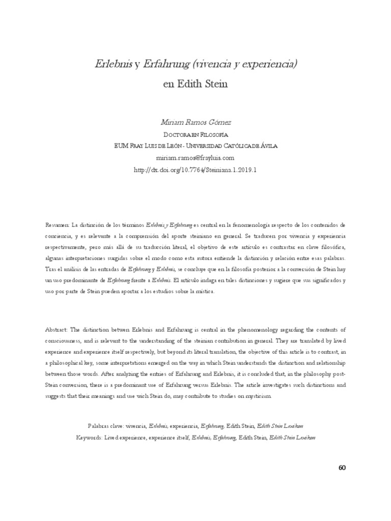 Vivencia y Experiencia en Edith Stein - Ramos 2019 | PDF | Edmund ...