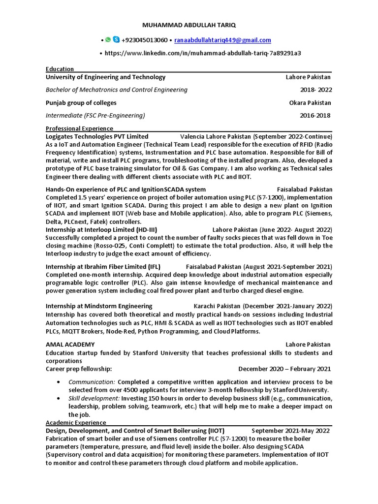 M.abdullah Tariq CV | PDF | Scada | Programmable Logic Controller