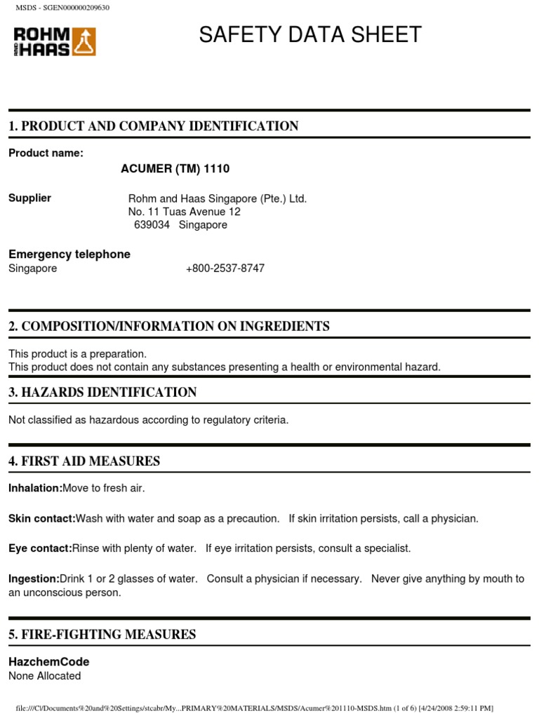 MSDS-Acumer 1110 | PDF | Toxicity | Occupational Safety And Health