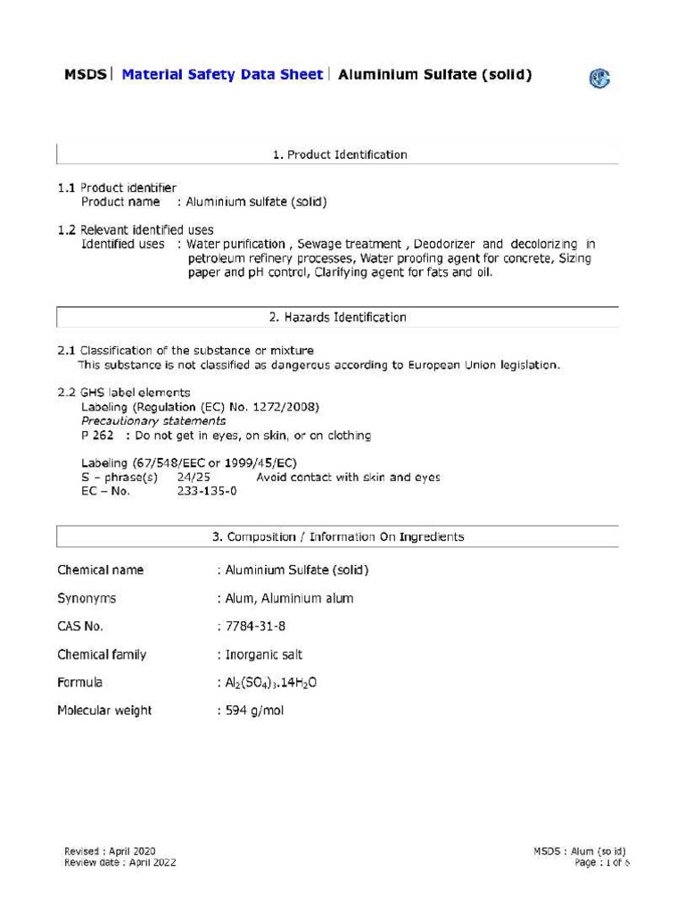 MSDS-Alum Sulfat | PDF