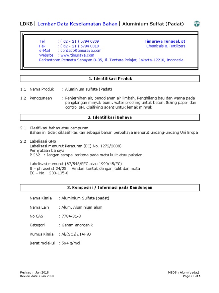 MSDS-Alum Sulfat Powder (Indonesia) | PDF