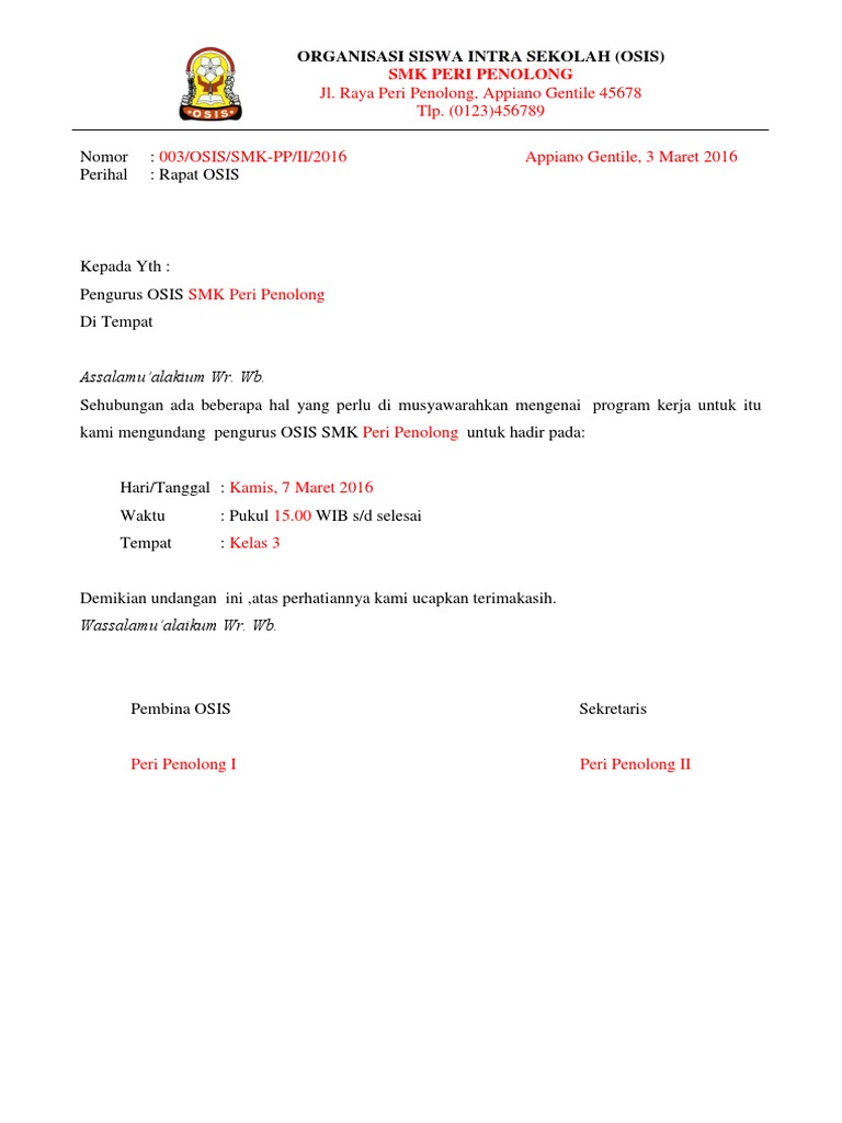 Contoh Surat Undangan Rapat Osis SMK | PDF