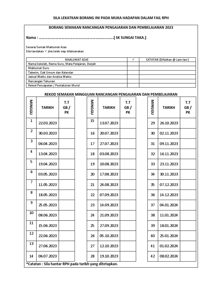 Rekod Semakan Mingguan RPH 2023 | PDF