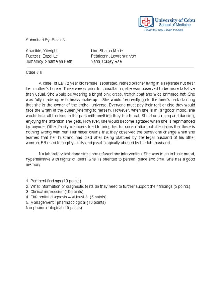 Psych Case #6 Block 6 | PDF