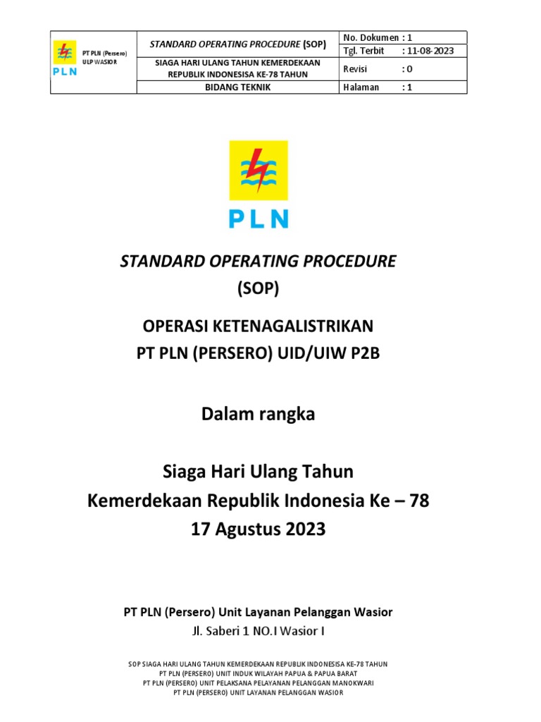 Sop Siaga Hut Ri Ke-78 Tahun PLN Ulp Wasior | PDF