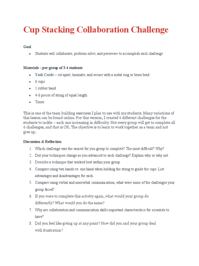 Cup Stacking Challenge Lesson plan | PDF