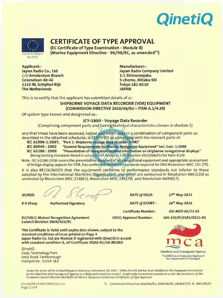 JCY-1800 MED Cert | PDF