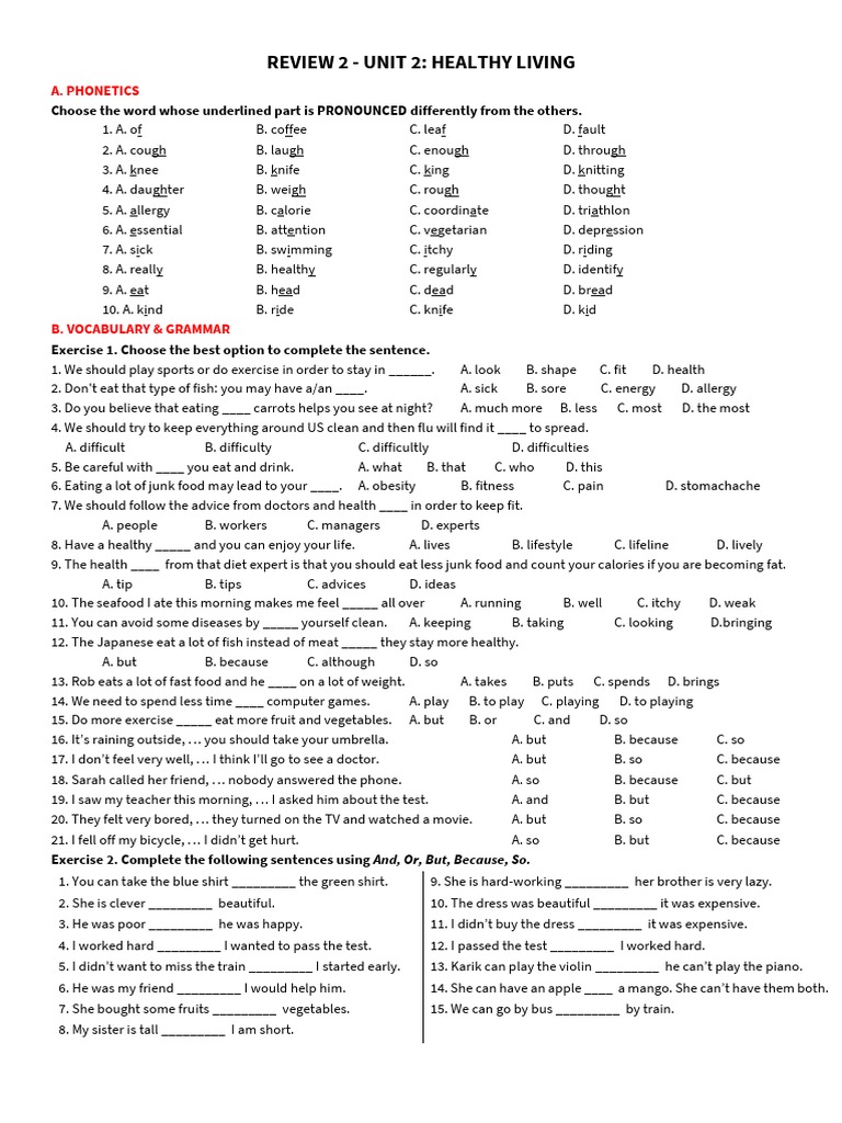 Review 2. Unit 2 - Grade 7 - File in cho học sinh - ko KEY | PDF