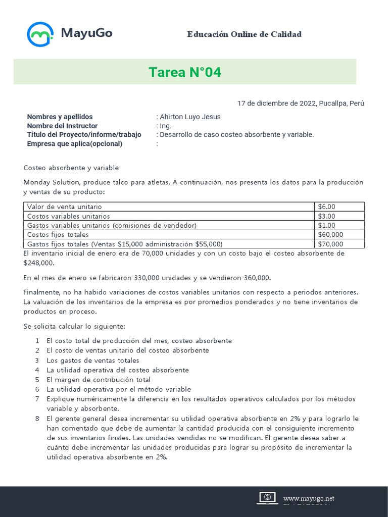 Tarea Semana 4 | PDF | Negocios | Finanzas y administración del dinero Tarea Semana 4 | PDF | Negocios | Finanzas y administración del dinero