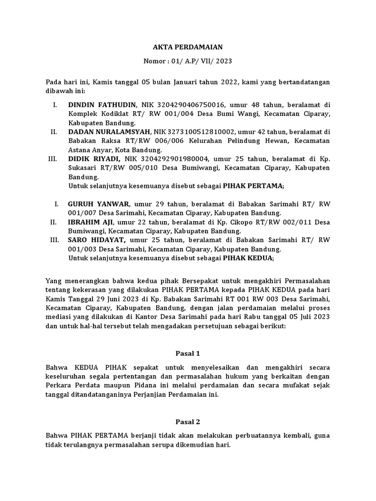 Draft AKTA PERDAMAIAN CIPARAY | PDF