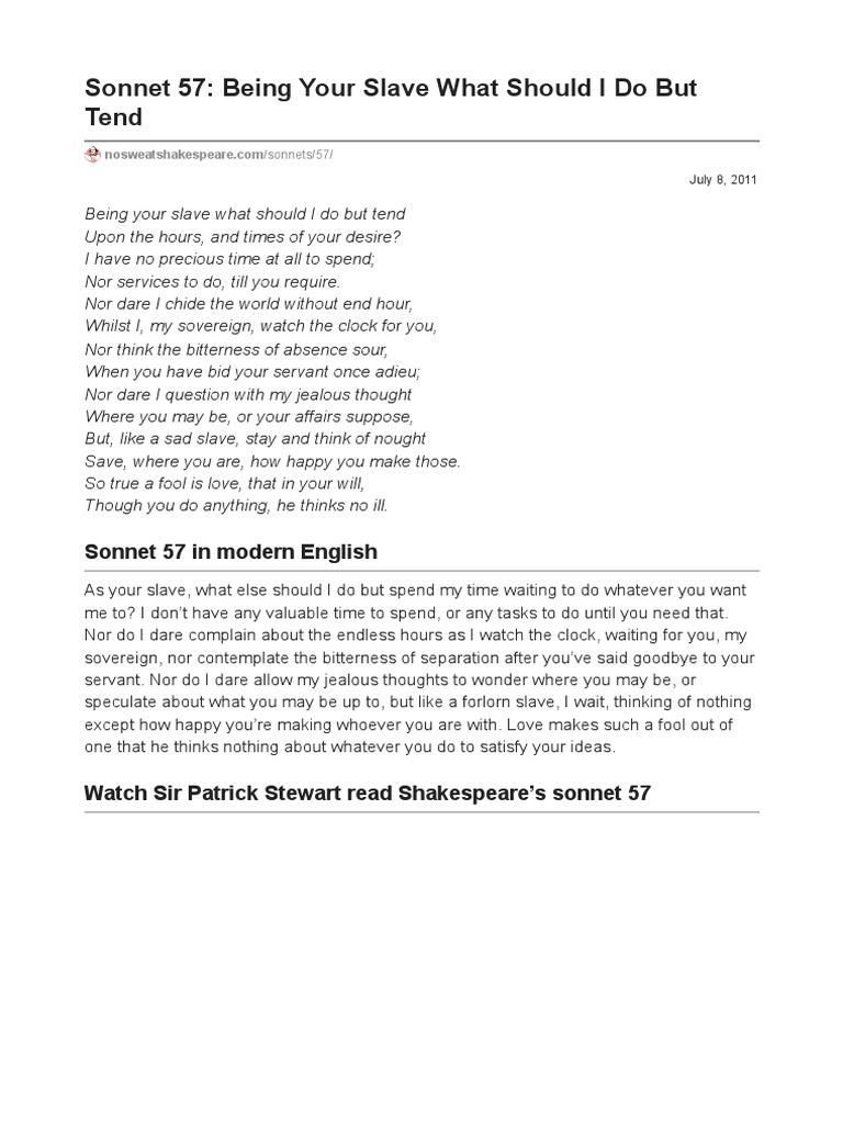 Sonnet 57 - Being Your Slave What Should I Do But Tend | PDF