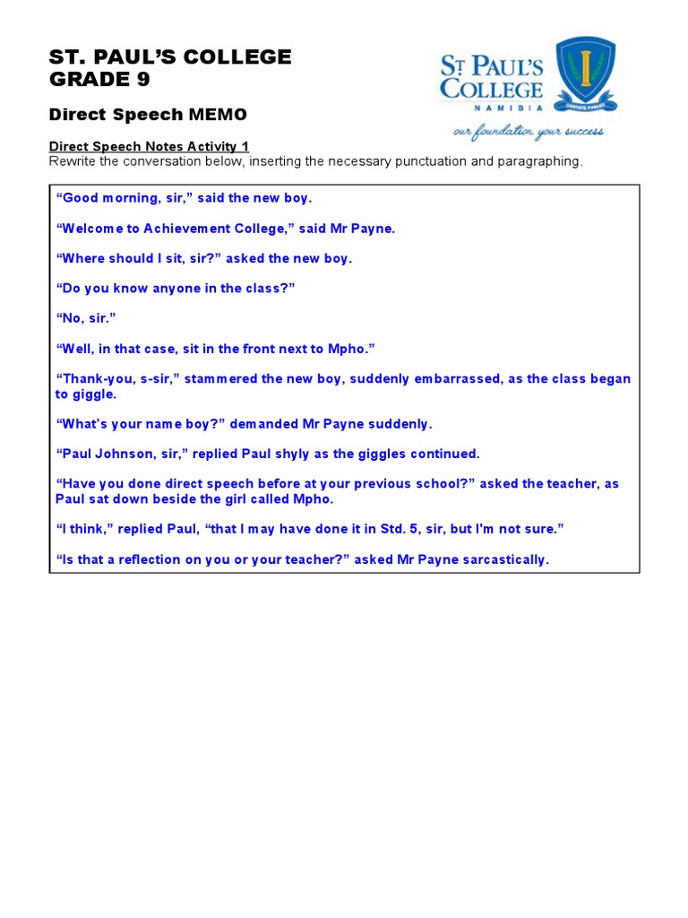 Gr9 Direct Speech Notes MEMO | PDF