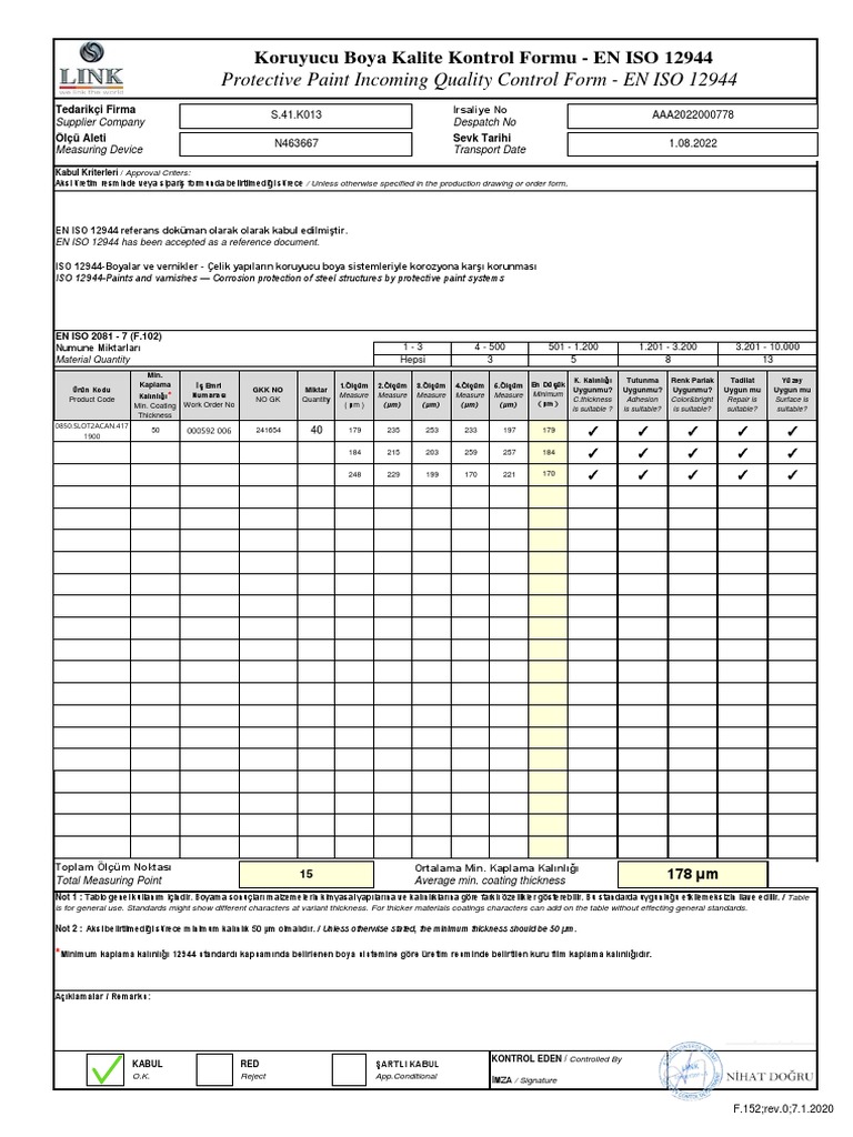 Koruyucu Boya Kalite Kontrol Formu - EN ISO 12944 Protective Paint ...