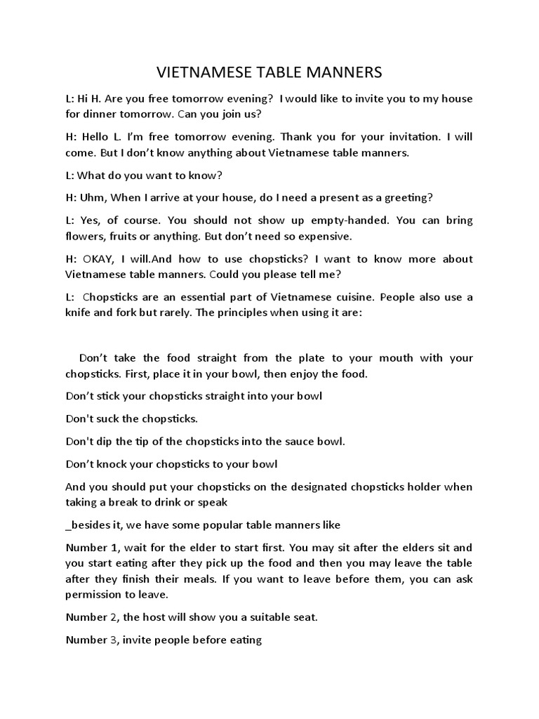 Vietnamese Table Manners | PDF | Cuisine | Food And Drink