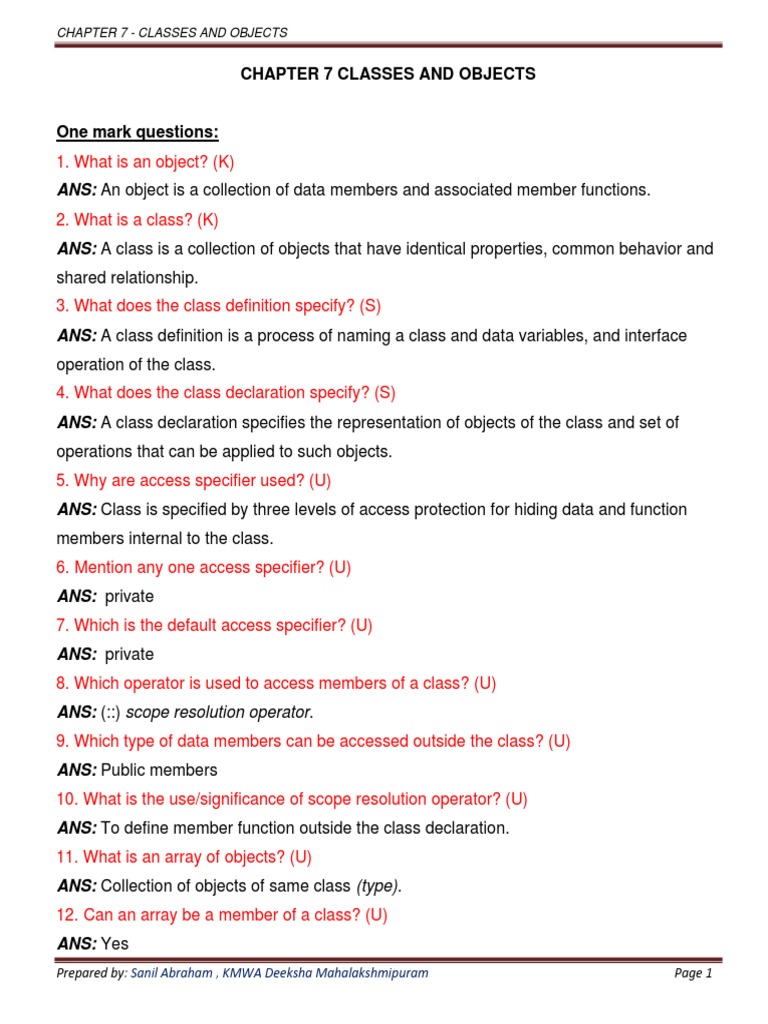 Chapter 7 Classes And Objects Pdf Class Computer Programming