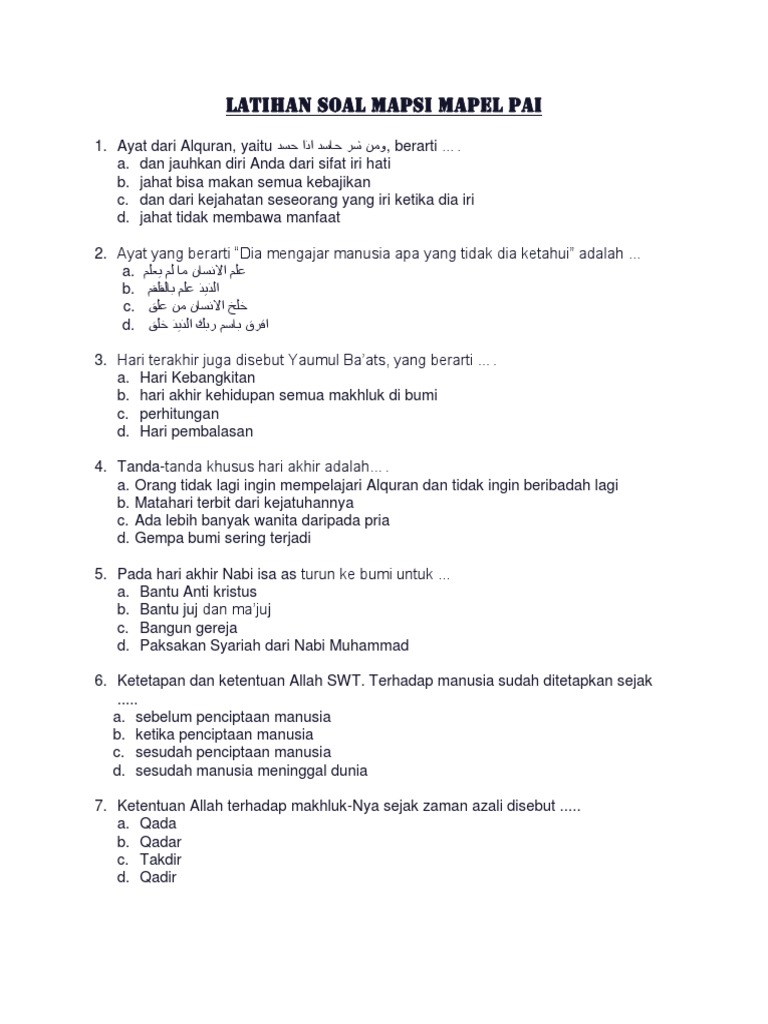 Latihan Soal Mapsi Mapel Pai (Siswa) | PDF
