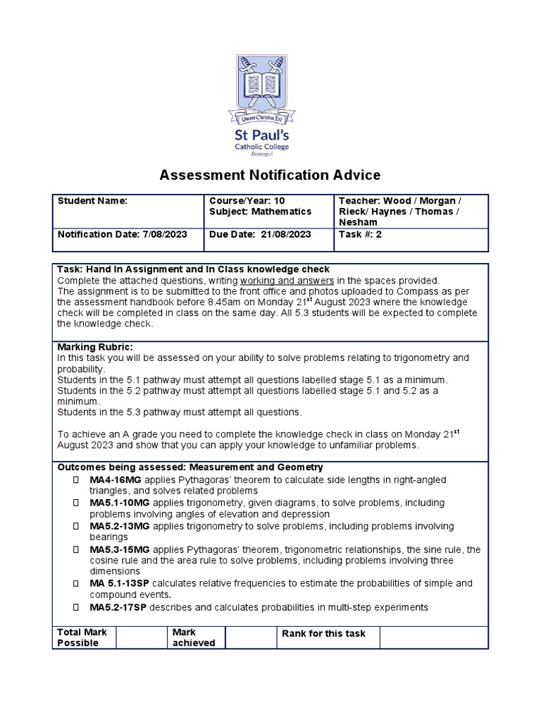 2023 Year 10 Assessment Task 2 v2 | PDF | Trigonometry | Triangle