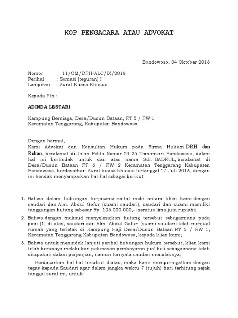 Contoh Somasi Dan Jawaban Somasi | PDF