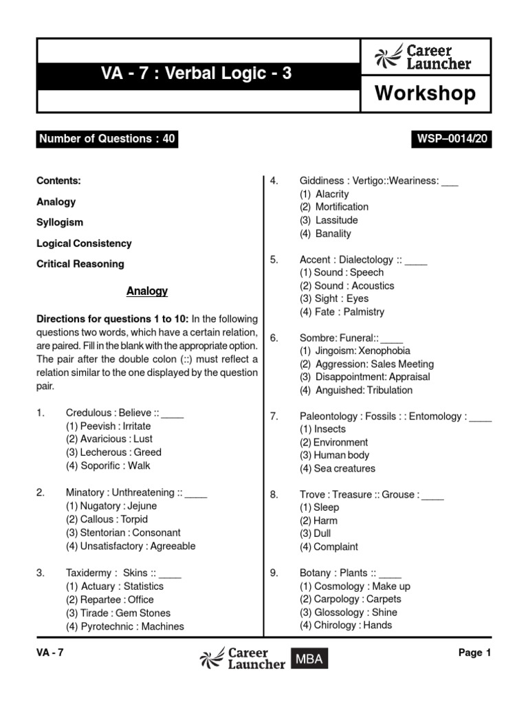 Workshop: VA - 7: Verbal Logic - 3 | PDF | Foreign Language Studies | Young Adult