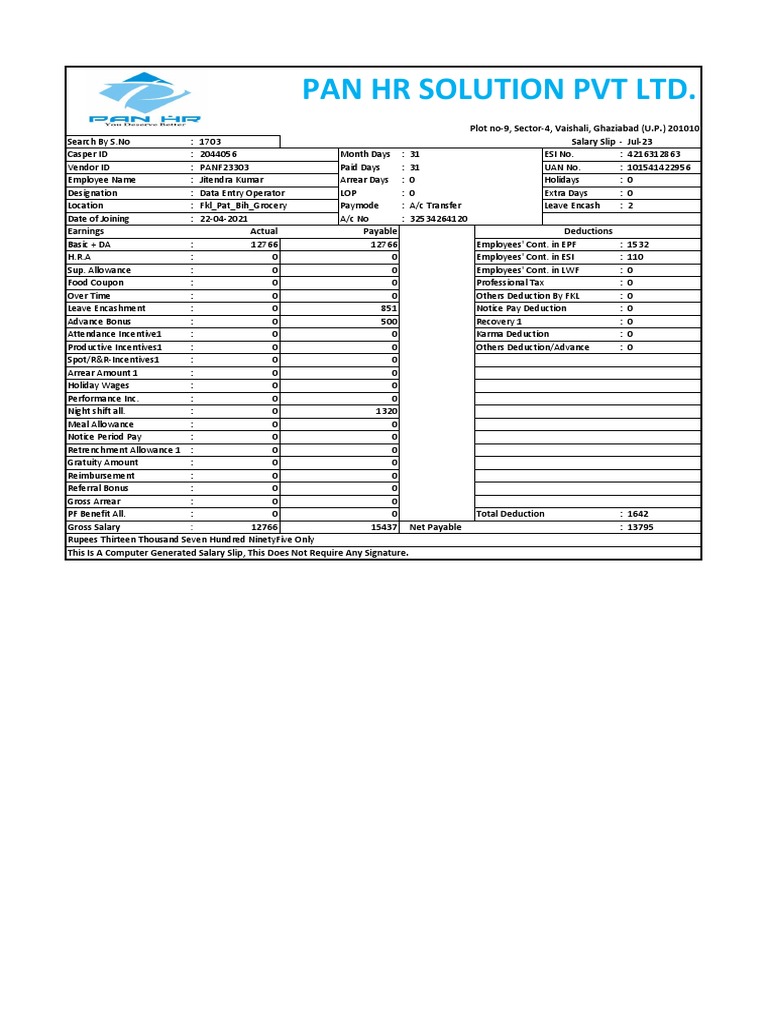 Pan HR Solution PVT LTD.: Salary Slip - Jul-23 Plot No-9, Sector-4 ...