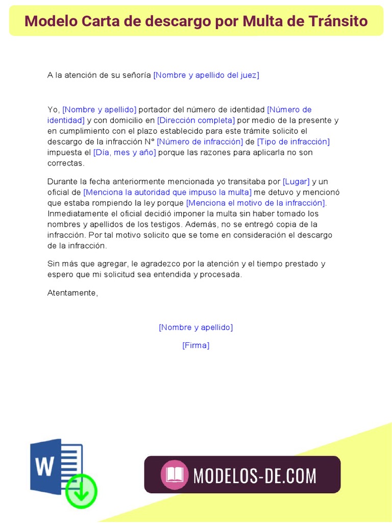 Modelo Carta de Descargo Por Multa de Tránsito | PDF