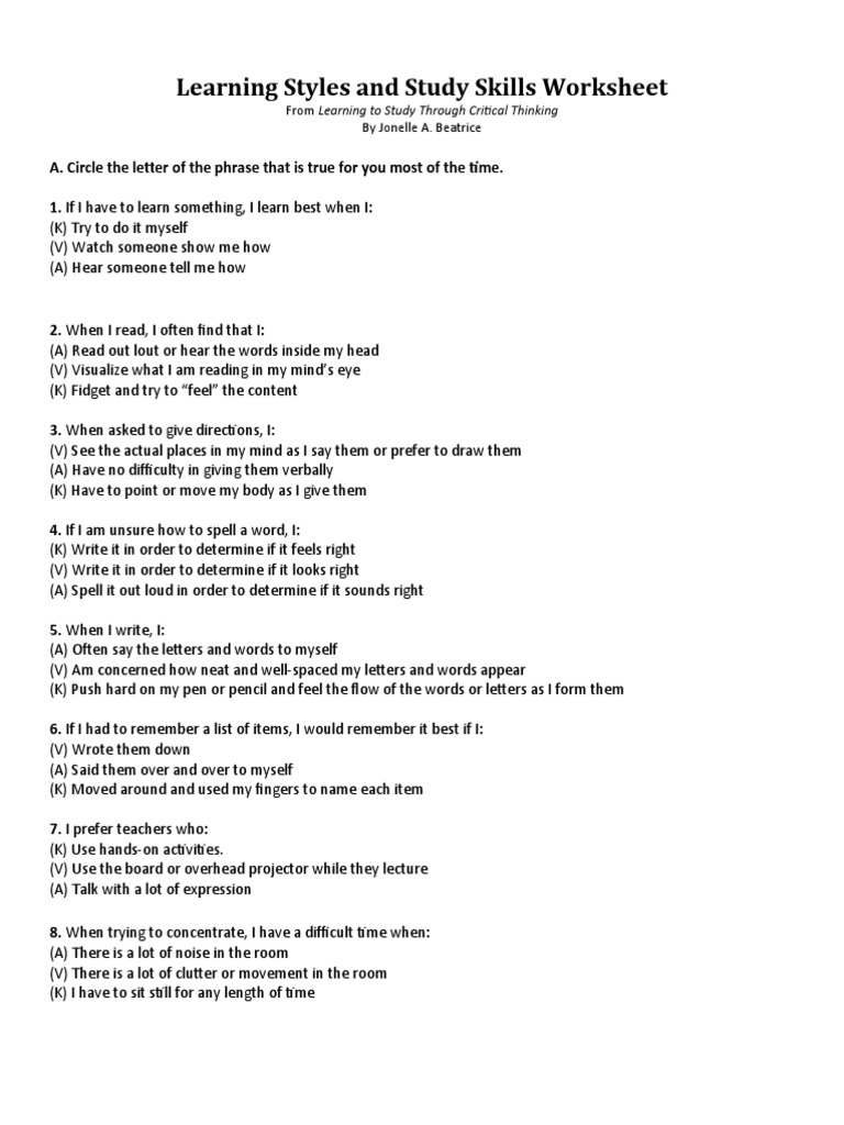 Learning Styles and Study Skills Worksheet | PDF | Neuroscience | Learning
