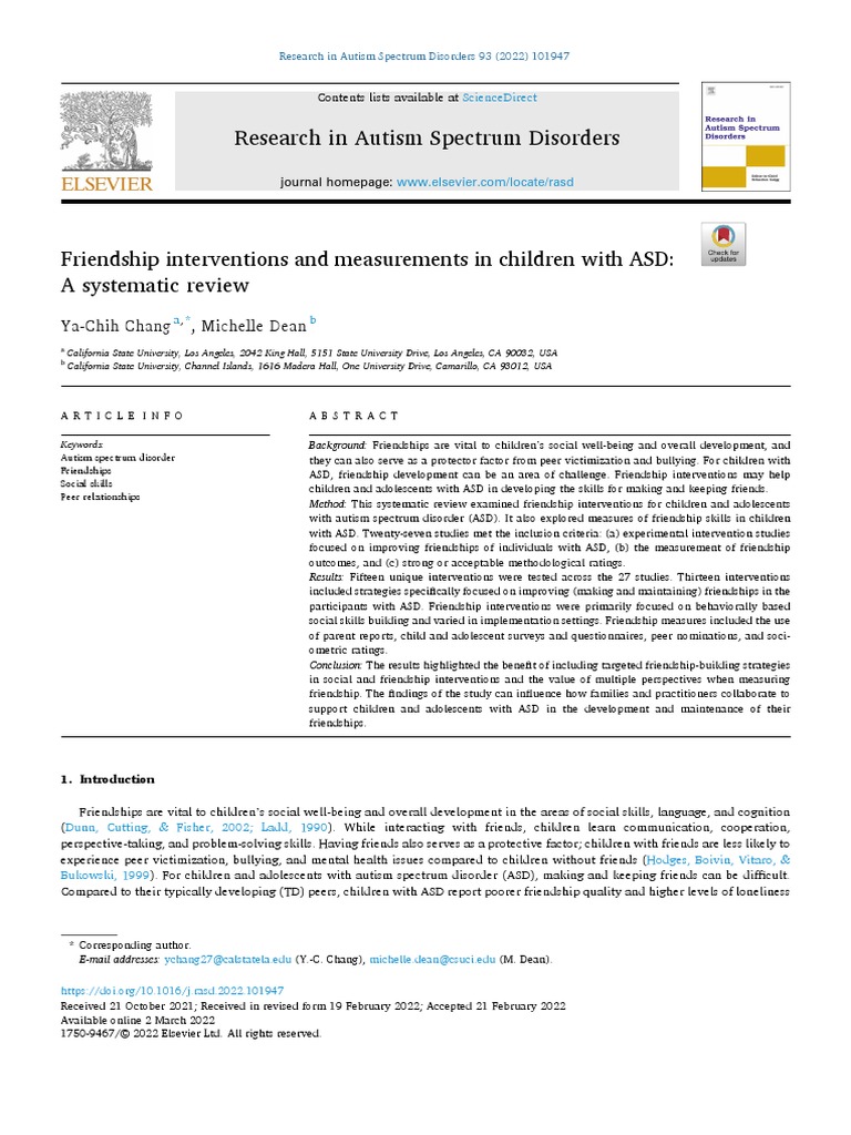 Research in Autism Spectrum Disorders: Ya-Chih Chang, Michelle Dean | PDF | Wellness