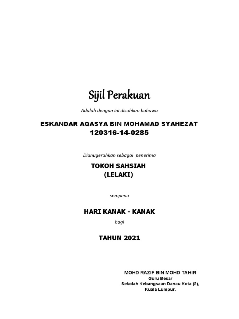 Sijil Tokoh Hari Kanak2 | PDF