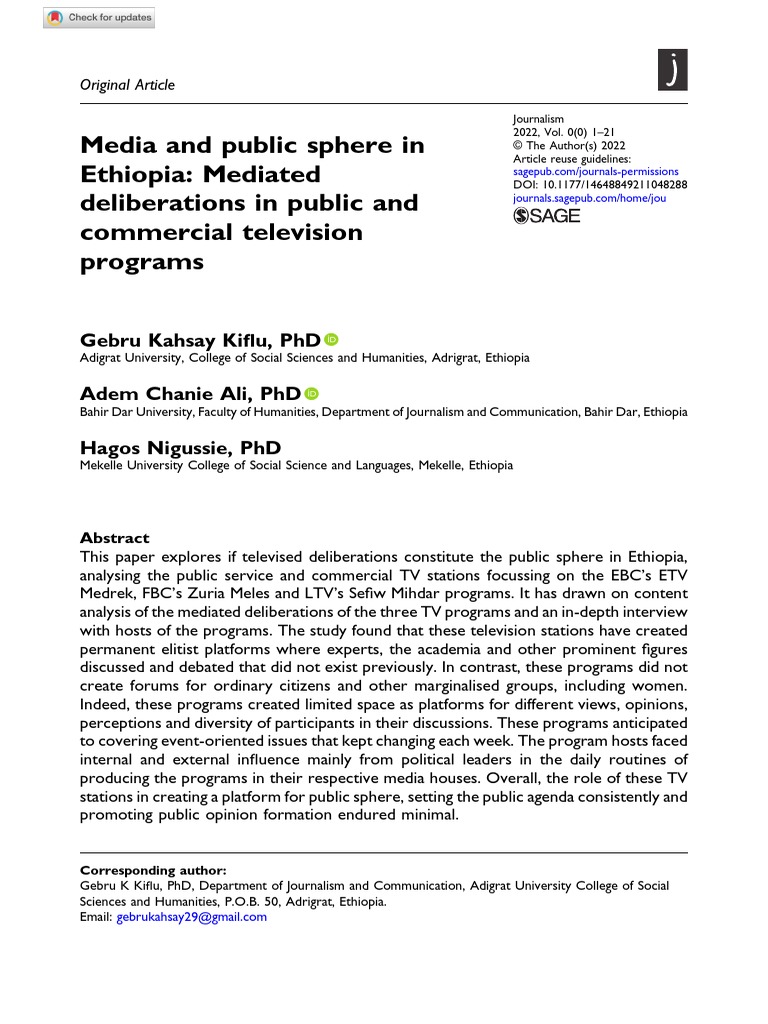 Journalism Journal 14648849211048288 | PDF | Public Sphere | Ethiopia