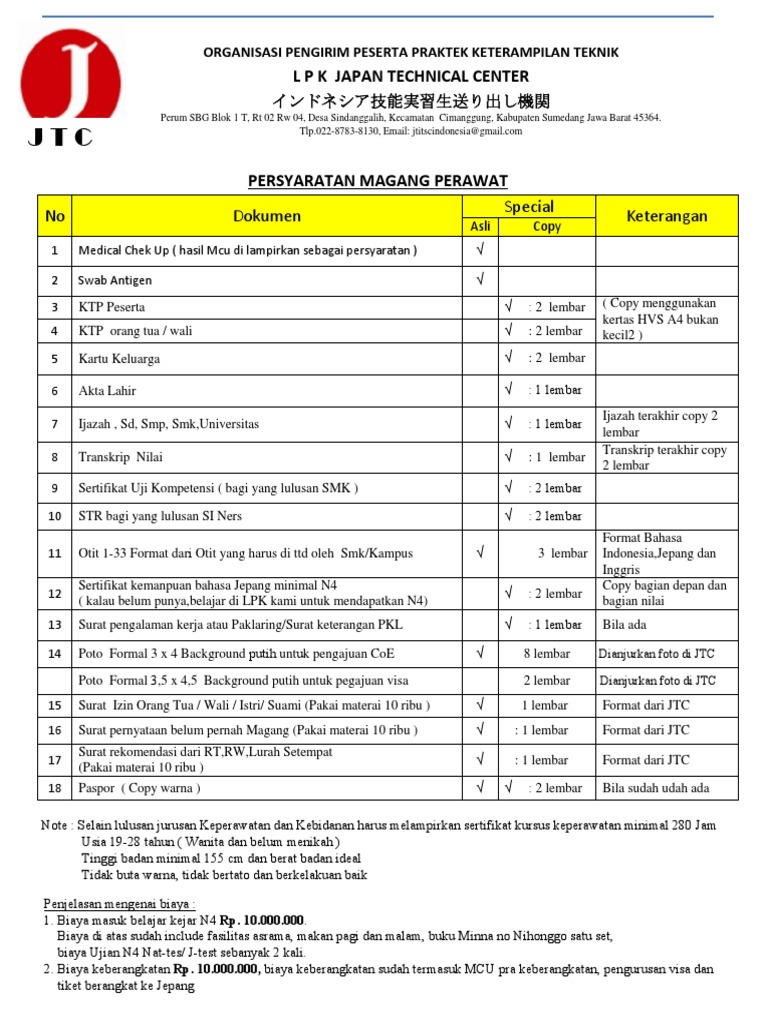 Persyaratan Magang Perawat JTC 2023 | PDF