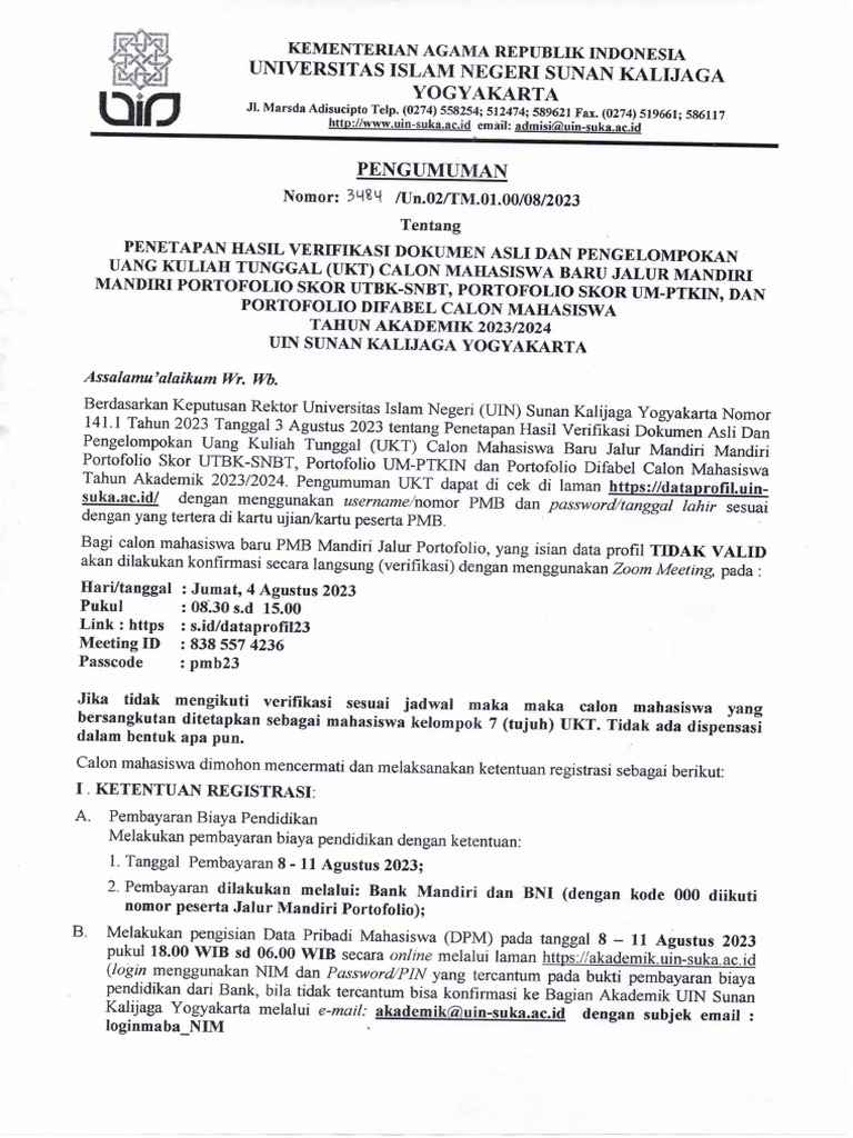 Prosedur Registrasi Mahasiswa Baru Jalur Mandiri Portofolio Skor SNBT ...