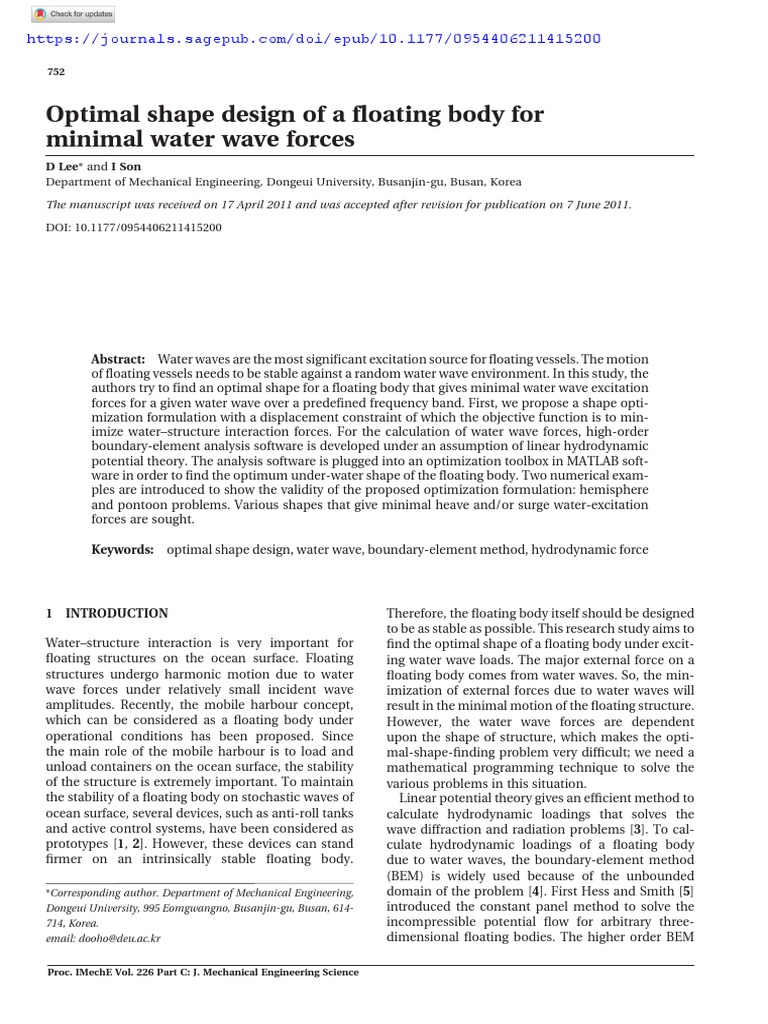 Lee Son 2011 Optimal Shape Design of A Floating Body For Minimal Water ... Lee Son 2011 Optimal Shape Design of A Floating Body For Minimal Water ...