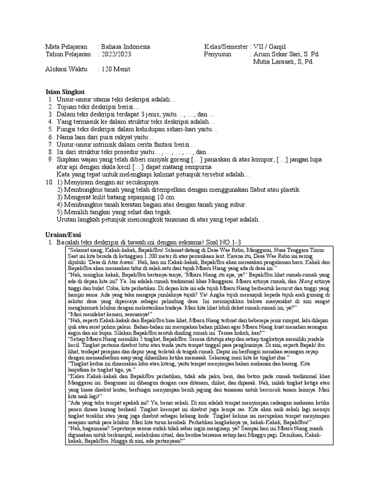 Naskah Soal PTS B.indo KLS 7 | PDF