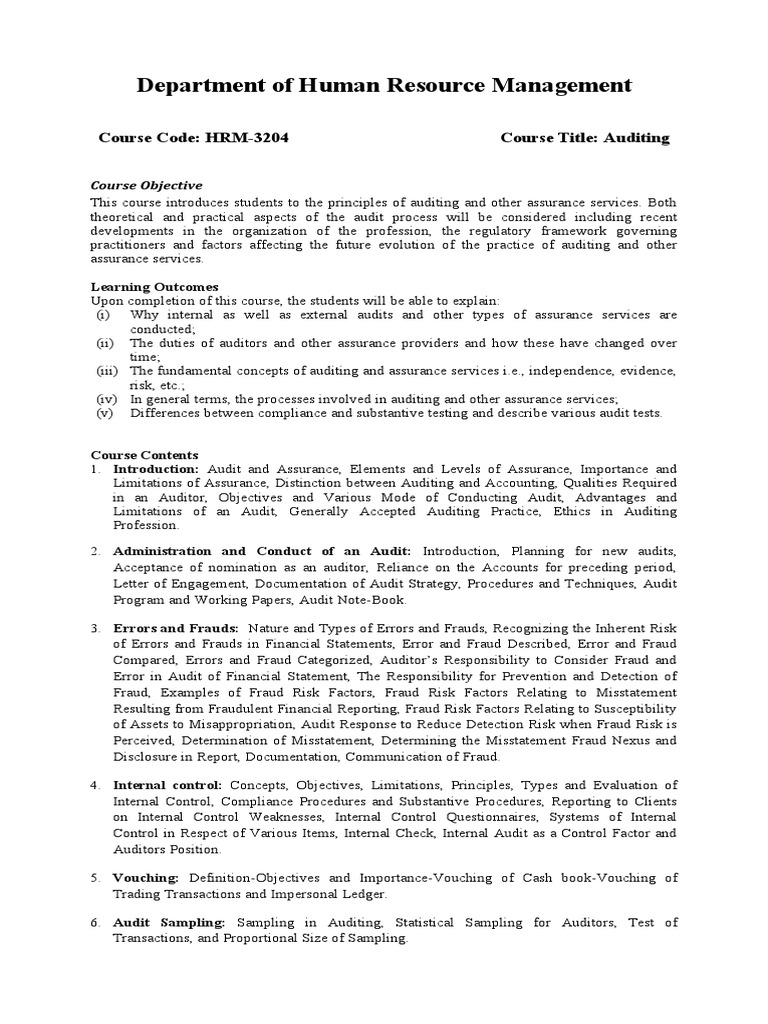 Syllabus Auditing Hrm 3204 Pdf Audit Internal Control
