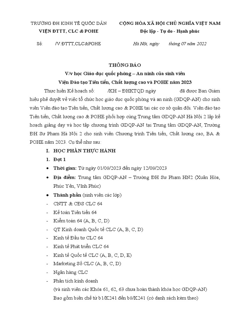THONG BAO HOC GDQP KTQD Updated | PDF