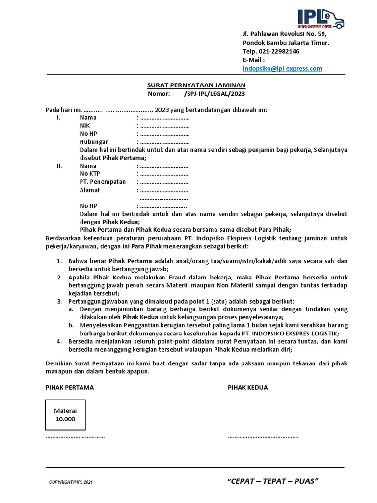Surat Pernyataan Penjamin Ipl (Wajib) | PDF