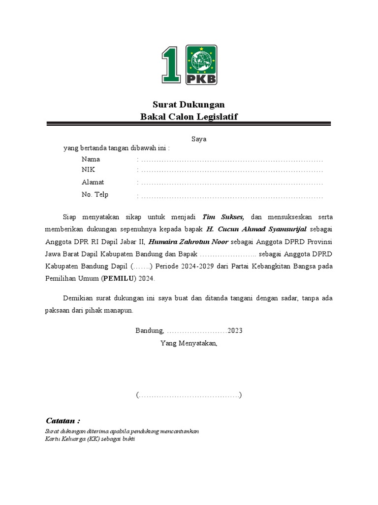 Surat Dukungan Bakal Caleg 2024 | PDF | Olahraga & Rekreasi | Hukum