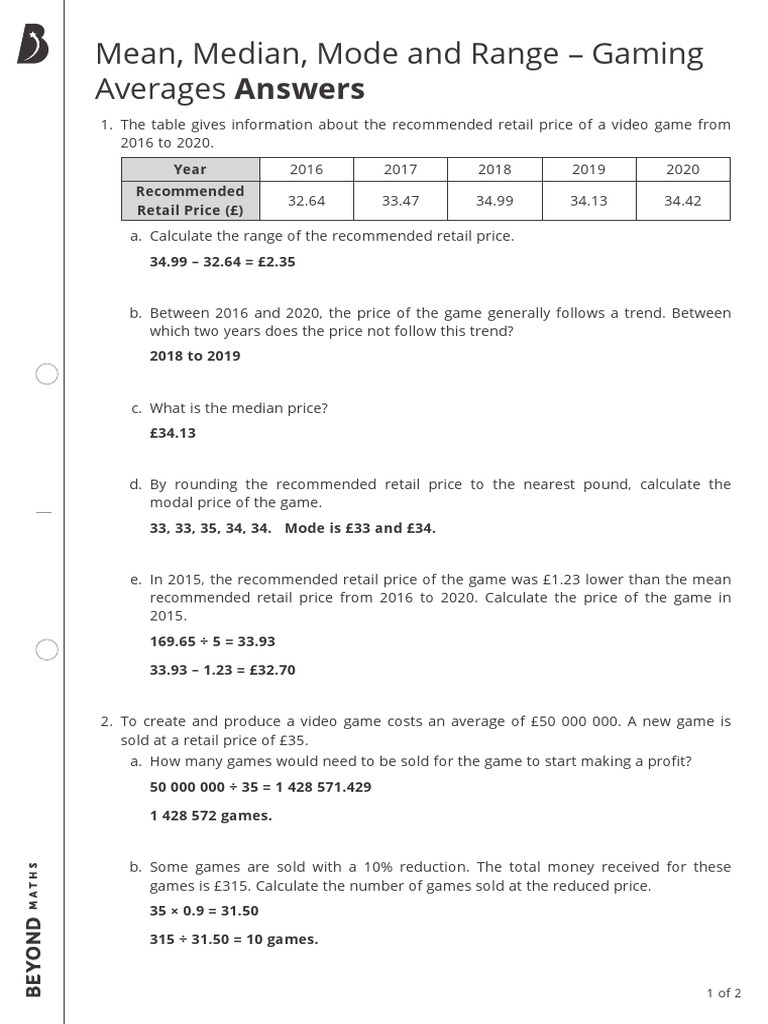 Mean, Median, Mode and Range - Gaming Averages - Answers | PDF | Economies