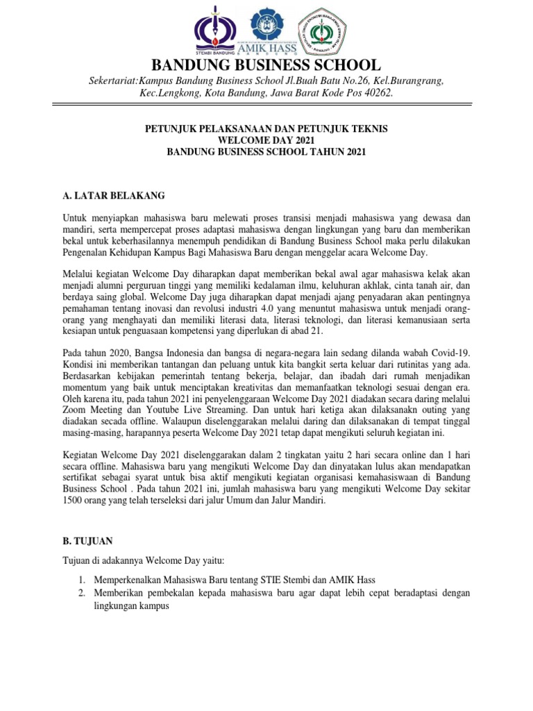Petunjuk Pelaksanaan Dan Petunjuk Teknis Kegiatan Welcome Day 2021 | PDF Petunjuk Pelaksanaan Dan Petunjuk Teknis Kegiatan Welcome Day 2021 | PDF