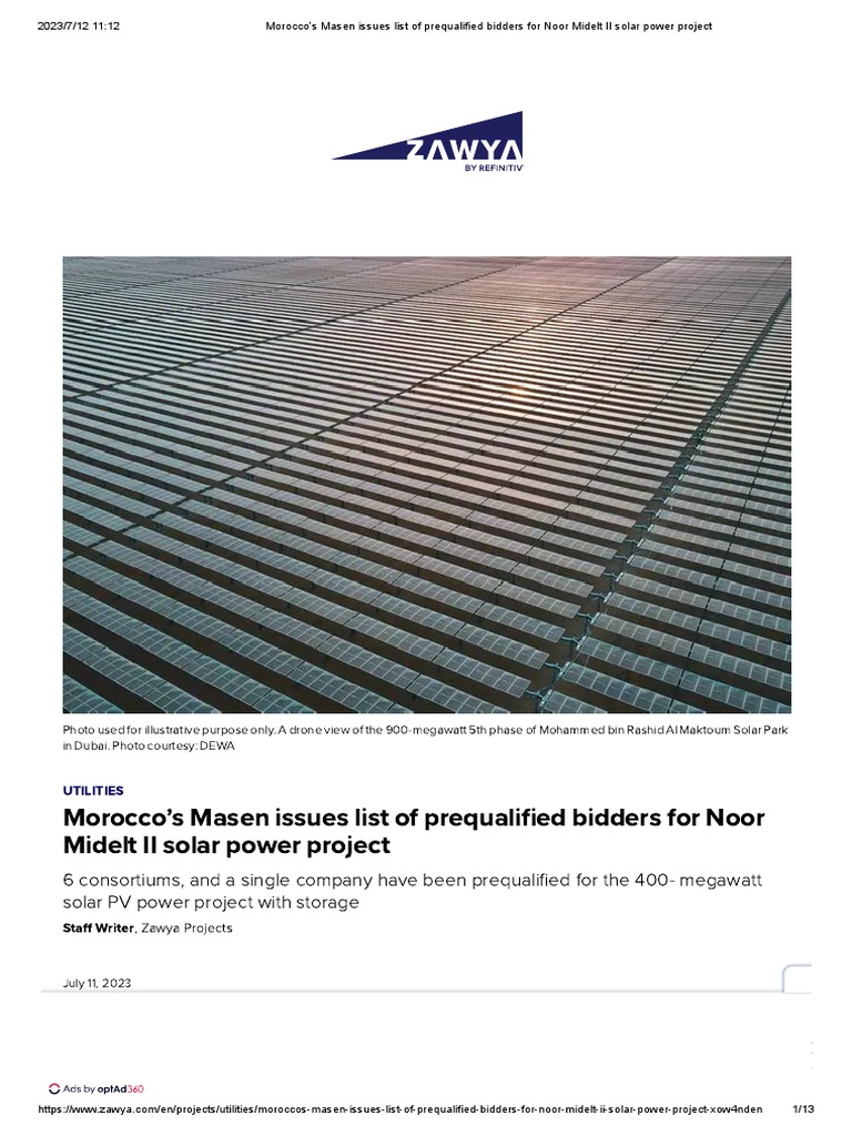 Masen Prequalifies Bidders for Noor Midelt II | PDF | Solar Power ...