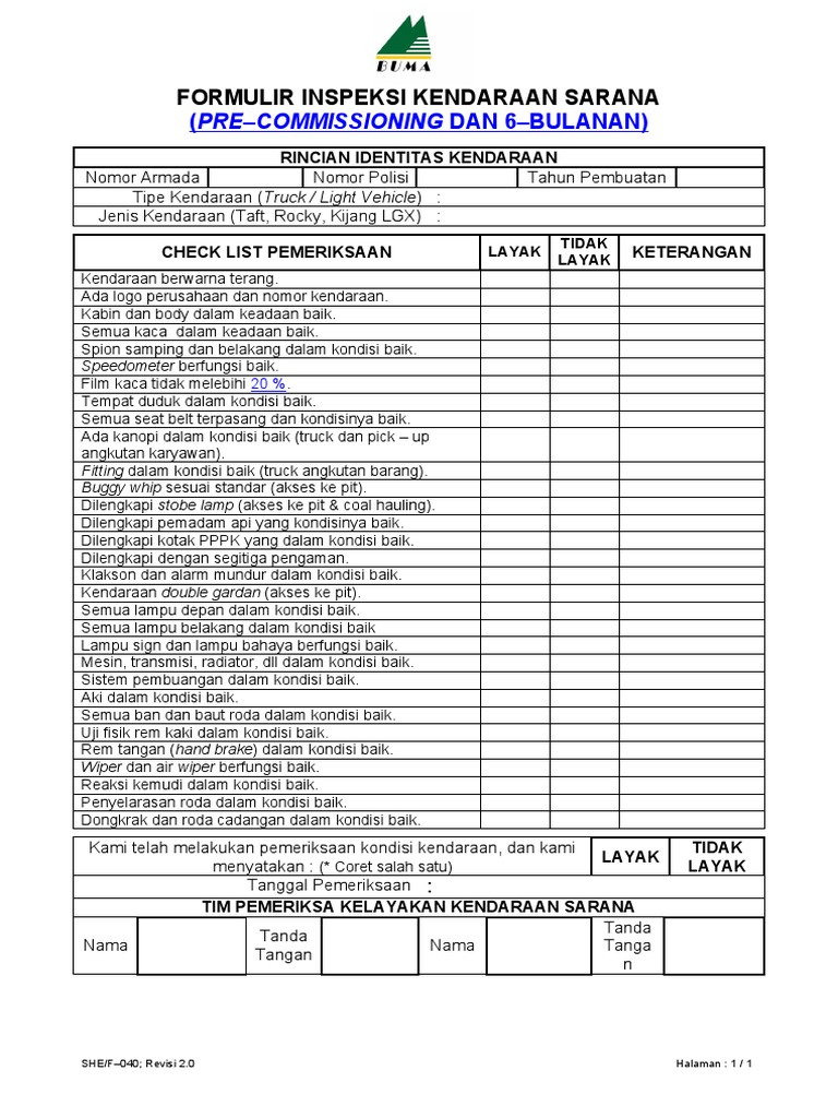 Inspeksi Kendaraan: Formulir Kelayakan 6-Bulanan | PDF