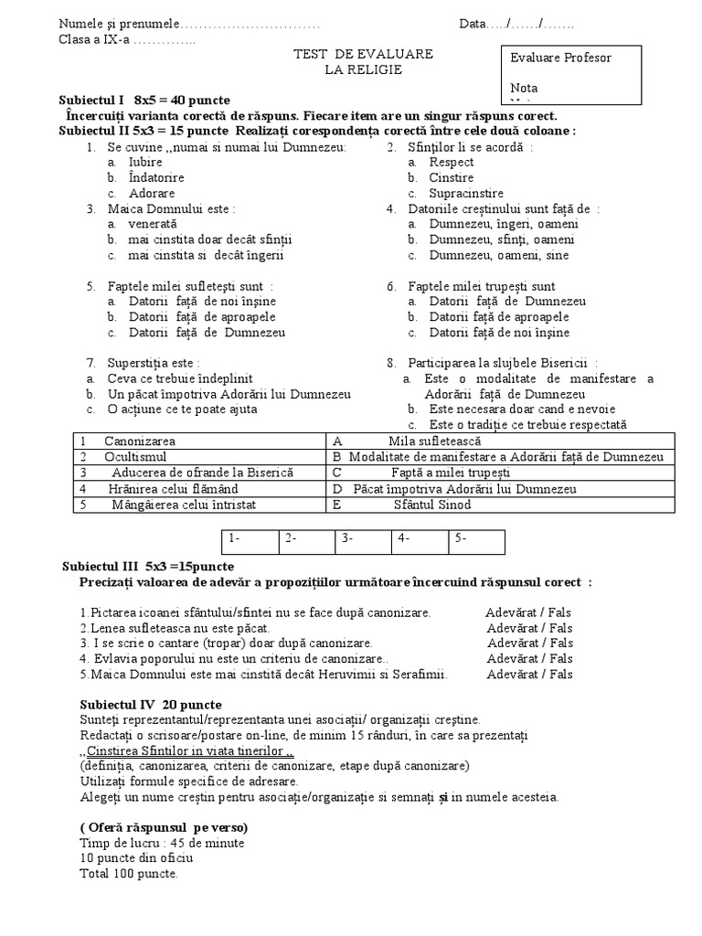 Test Clasa a 9a Semestrul i (1) | PDF