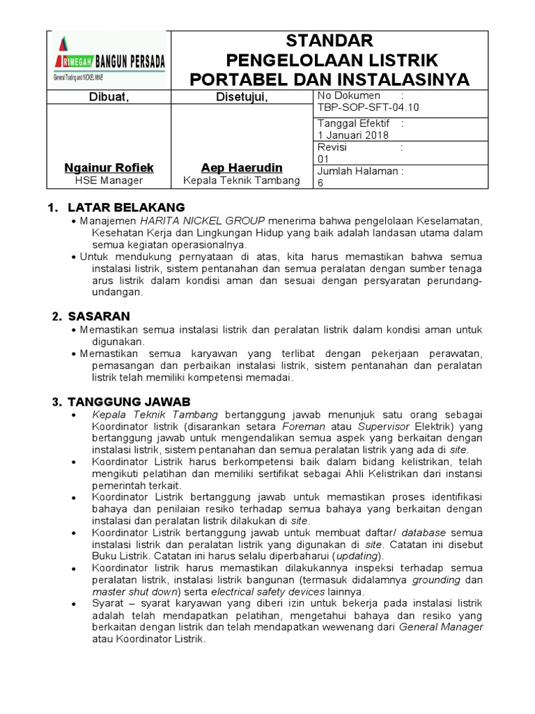 SOP Pengelolaan Listrik Portabel Dan Instalasinya | PDF
