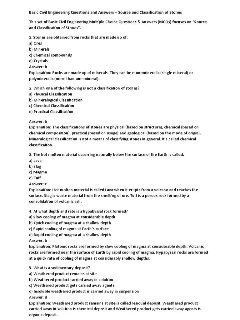 Civil Engineering: Stone Classification MCQs | PDF | Cement | Rock ...