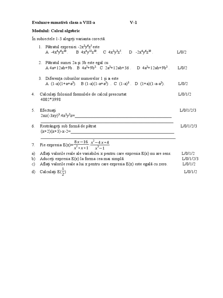 Evaluare Sumativă Clasa A VIII Calcul Algebric | PDF