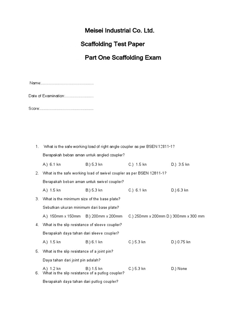 Scaffolders Exam | PDF | Scaffolding | Mechanical Engineering