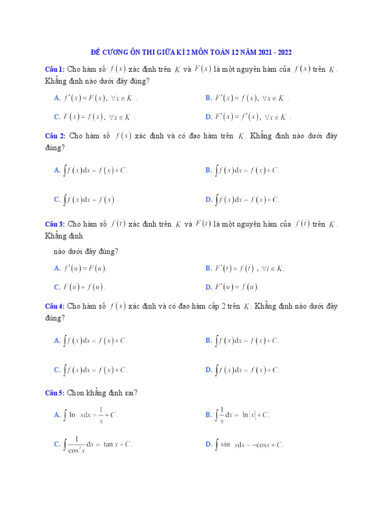 De Cuong On Tap Giua Hoc Ki 2 Toan 12 | PDF