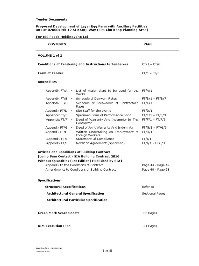 Egg Farm Tender Document (Vol 1) | PDF