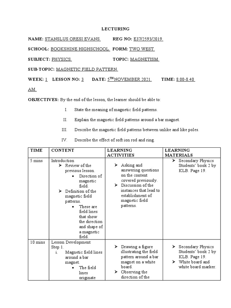 F2. Physics Lesson Plan 40mins. | PDF | Physics | Magnetic Field
