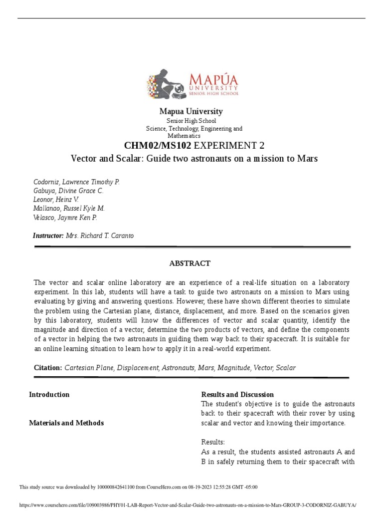 PHY01 LAB Report Vector and Scalar Guide Two Astronauts On A Mission To Mars GROUP 3 CODORNIZ ...